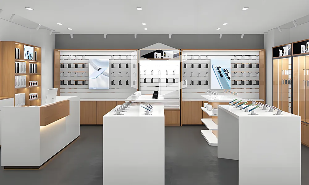 Modern Cell Phone Kiosk Design | ONI Display White Grid Setup