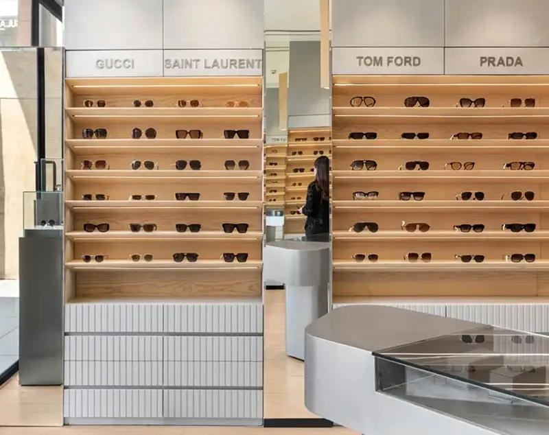 Optical Store Design System | ONI Wood Shelves & Glass Cabinets