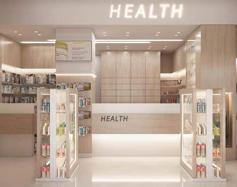 Medical Store Design System | ONI Wooden Pharmacy & Glass Displays