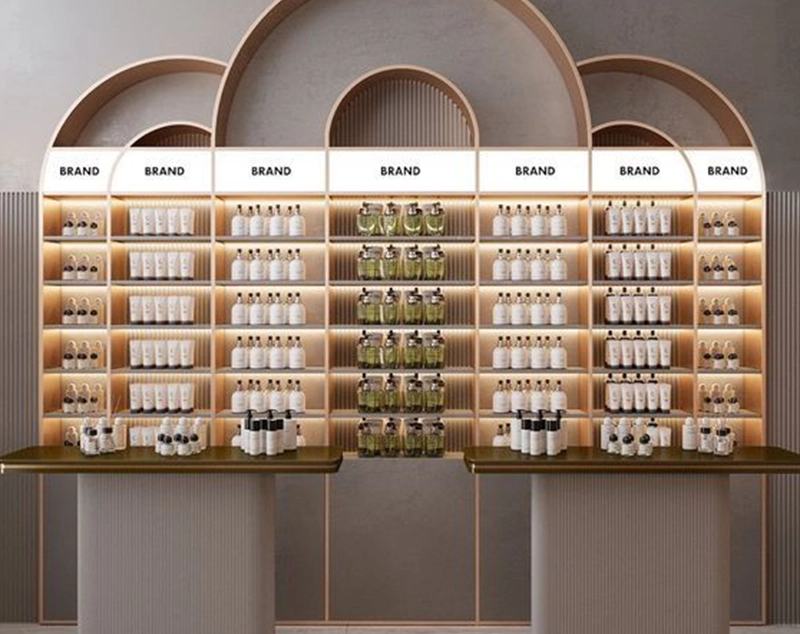 Arched Cabinet Perfume Wall in a Modern Boutique Setting