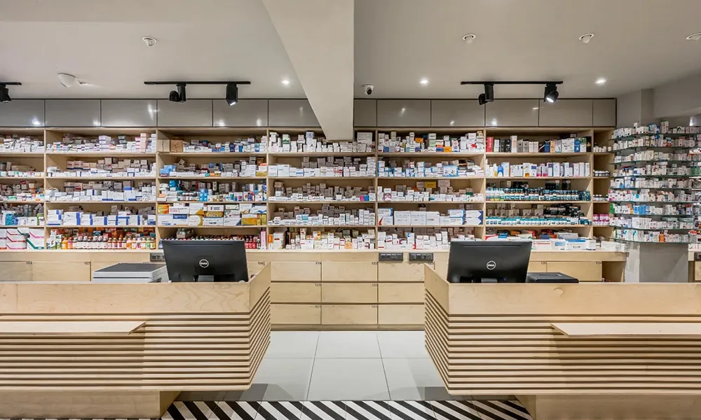 Efficient Medical Shop Interior Design with Wooden Pharmacy Layout
