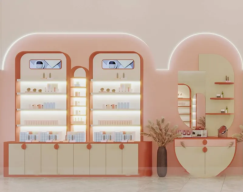 ONI Display cosmetic shop counter design pink modern shelves