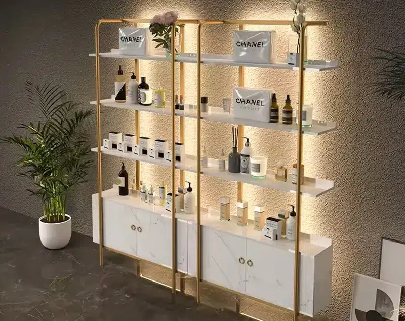 Wood display racks marble texture champagne gold shelves