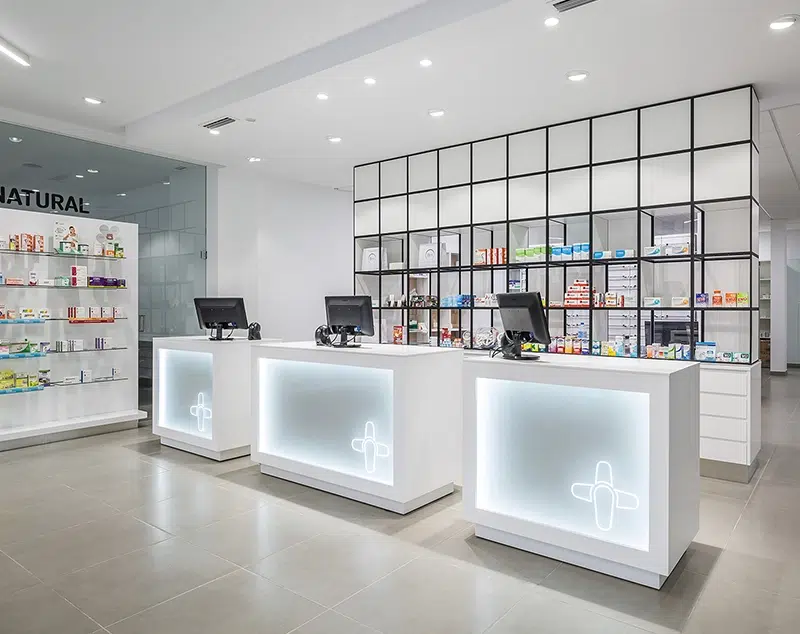 ONI Display | Modern Medical Store Counter Design with Pharmacy Shelving